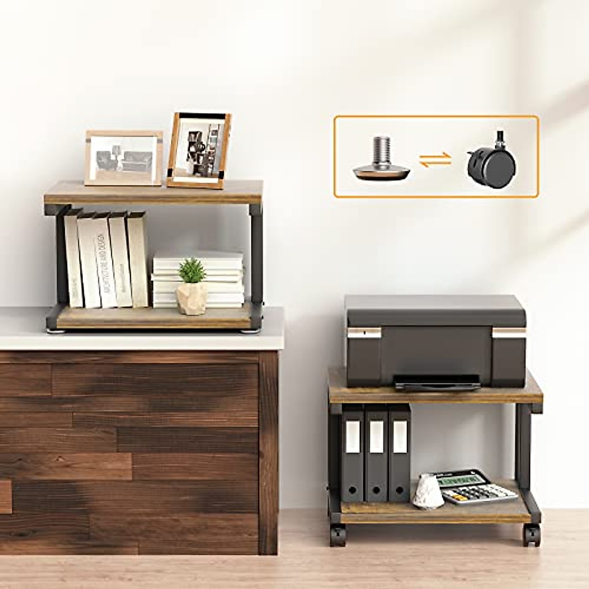 AMERIERGO Printer Stand, Printer Table with Storage, Under Desk Printer Stand with 4 Wheels & Lock Mechanism, 2 Tier Printer Cart for Printer, Scanner, Fax, Home Office Use