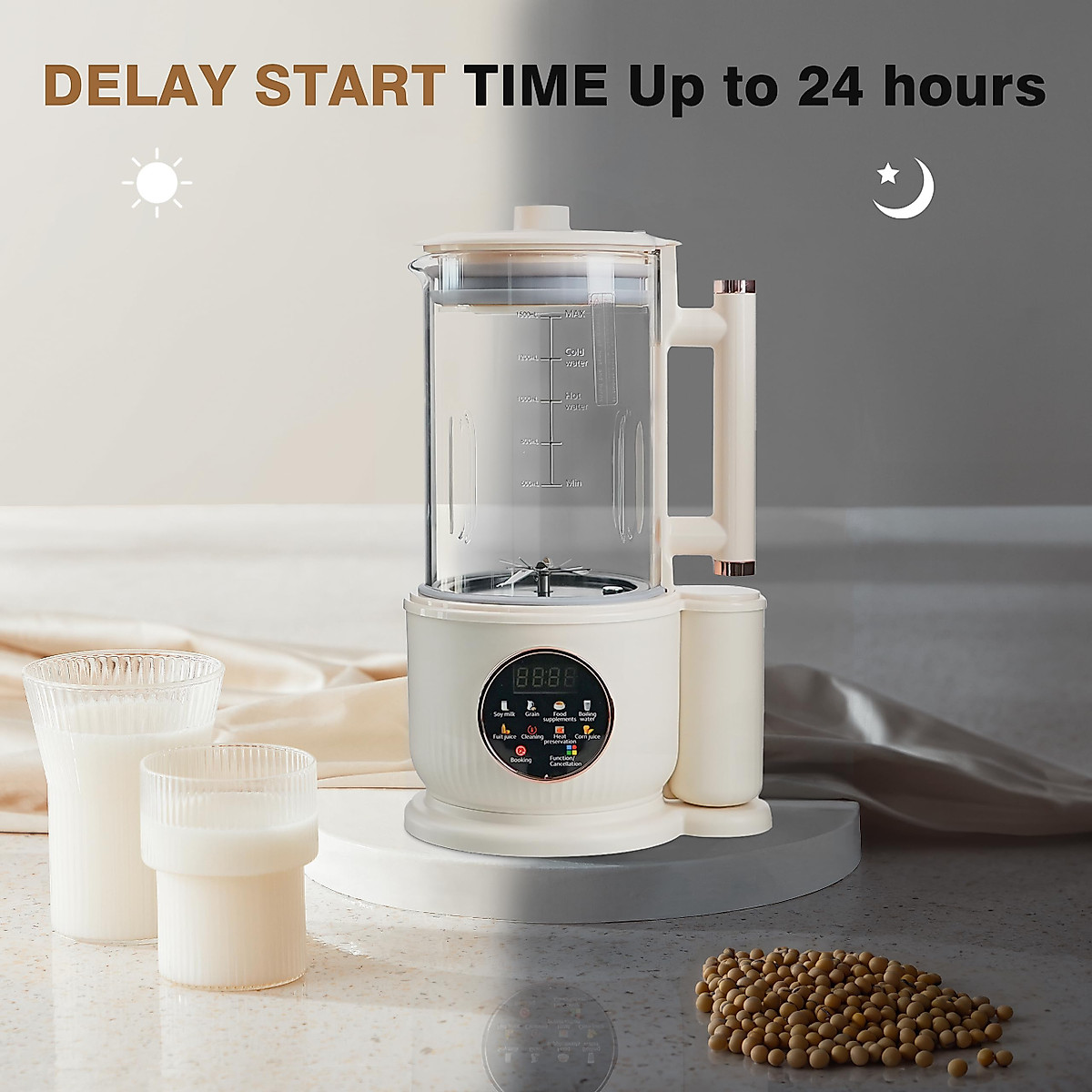AMERZIS 8 in 1 Nut Milk Maker, 45oz Automatic Soybean Milk Machine for Homemade Almond, Oat, Coconut, Soy, Plant Based Milks and Non Dairy Beverages, with Delay Start/Keep Warm/Boil Water, Cream
