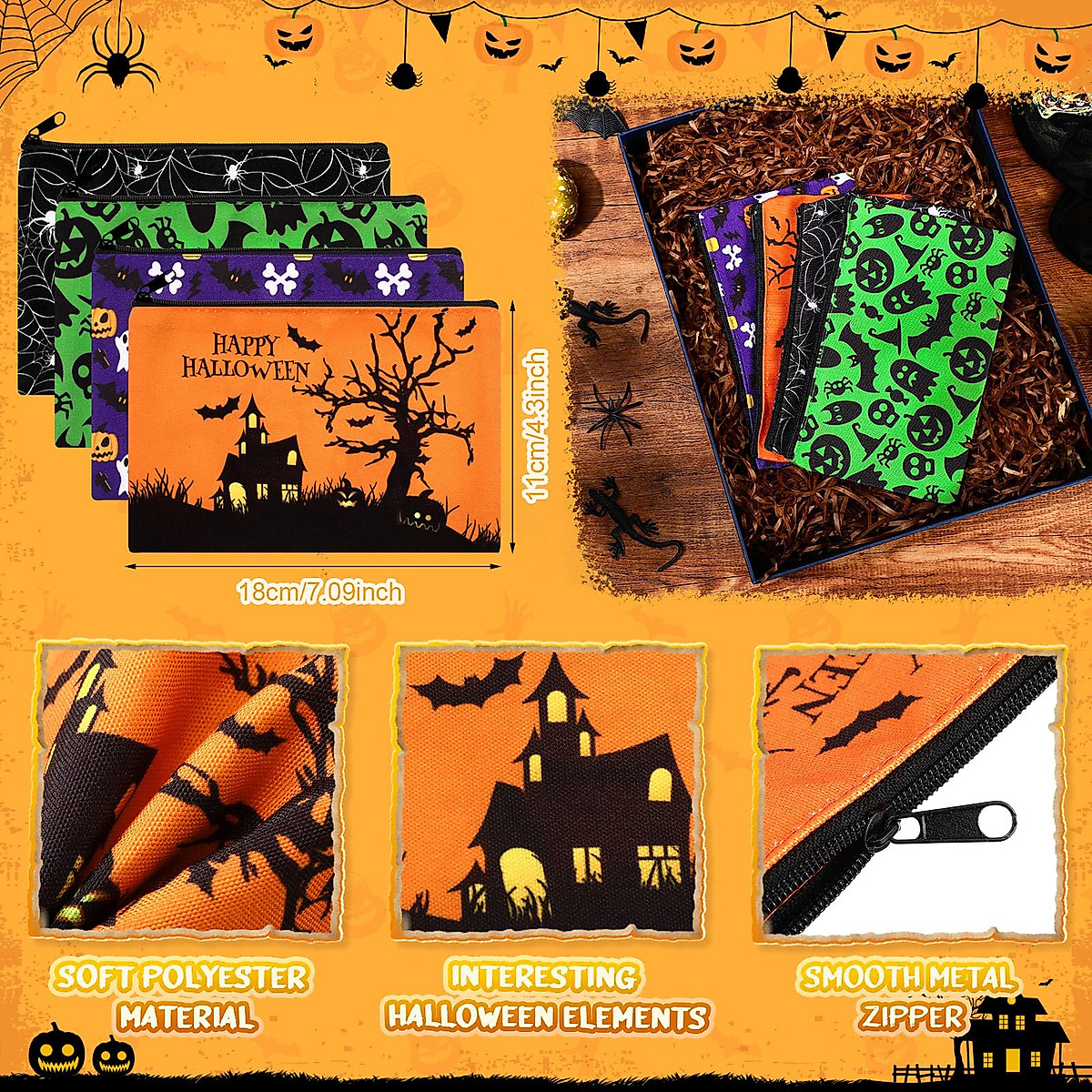 Jingmore 8 Pcs Halloween Themed Gifts For Women Include 4 Halloween Tumbler with Lid and Straw and 4 Ghost Pumpkin Cosmetic Bags,Halloween Coffee Mug Cup with Makeup Bag for Trick or Treat Party Gifts