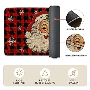Artoid Mode Buffalo Plaid Snow Santa Claus Christmas Kitchen Rugs Set of 2, Winter Low-Profile Floor Mat Merry Christmas Decorations for Home Kitchen - 17x29 and 17x47 Inch