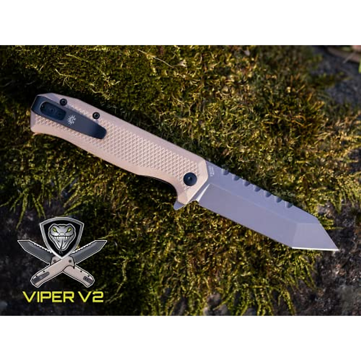 Off-Grid Knives - Viper V2 with154CM Steel Tanto Blade, Grippy G10 Scales, Left or Right Deep Carry Clip, Ceramic Ball Bearings (Coyote)