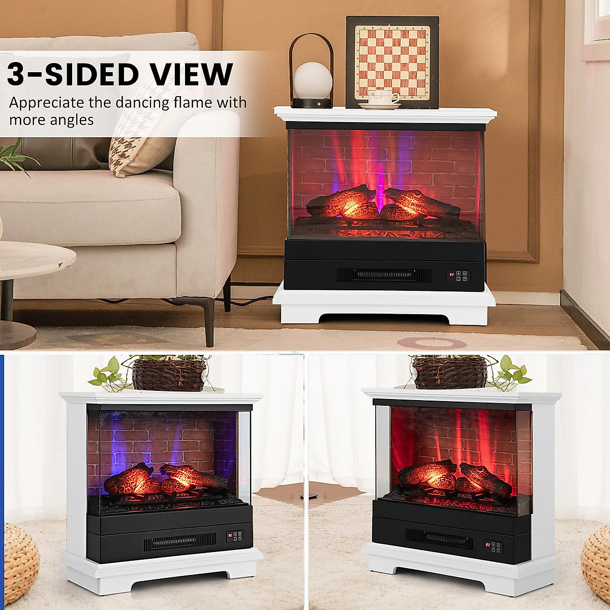 ORALNER 27” Electric Fireplace with Mantel, 3-Sided Glass View, Wooden Surround Firebox, Freestanding Fireplace Heater w/ 7 Flame Colors, Remote & 6H Timer, Overheat Protection, 1400W (White)