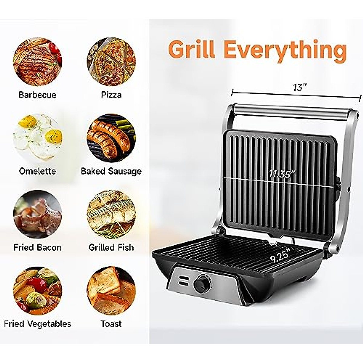 SUSTEAS 3-in-1 Electric Indoor Grill - Panini Press with Non-Stick Cooking Plates, Opens 180-Degree Gourmet Sandwich Maker, Floating Hinge Fits All Foods, Panini Press Grill with Grease Tray