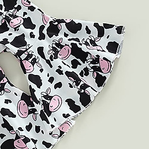 Western Baby Girl Outfits Funny Letter T Shirt Top+Cow Print Long Flare Pants Set Summer Spring Clothes 2Pcs (Pink Peace Love Moo, 18-24 Months)