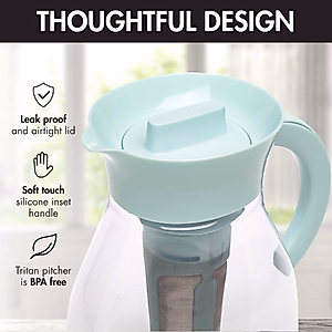 Primula The Big Iced Tea Maker and Infuser, Plastic Beverage Pitcher with Leak Proof, Airtight Lid, Fine Mesh Reusable Filter, Made without BPA, Dishwasher Safe, Aqua