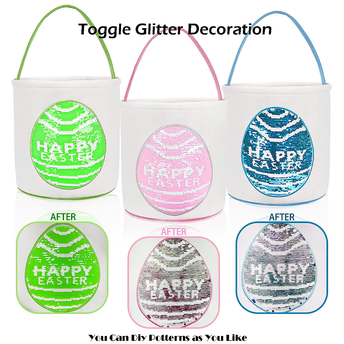 Easter Baskets for Kids, Easter Eggs Hunt Basket, Personalized Basket Canvas Cotton Carrying Gift and Eggs Hunt Bag, Easter Gift Basket for Boys Girls, Candy Buckets, 3 Packs