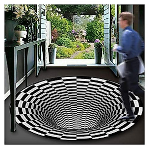 Carpet 3D Illusion Rug Round Black White Area Rug 3D Bottomless Hole Optical Illusion Area Round Carpets Polyester Floor Mat Rug for Living Room Kitchen Office Diameter:160 CM