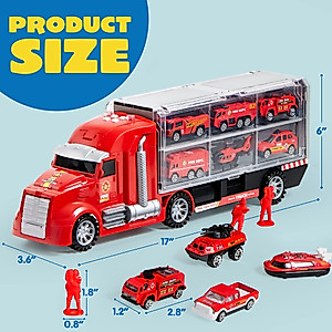 JOYIN 25 in 1 Fire Truck Vehicle Toy Set with Sounds and Lights, Fire Engine Vehicles in Carrier Truck, Mini Rescue Emergency Fire Truck Car Toy, Birthday Gifts for Over 3 Years Old Boys