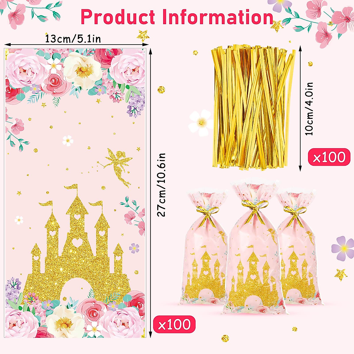 Leinuosen 100 Pcs Princess Theme Cellophane Treat Bags with Ties Castle Floral Fairy Princess Party Favor Bags Pink Plastic Candy Bags Cookie Bags Favor Gift Bag for Princess Birthday Party Supplies