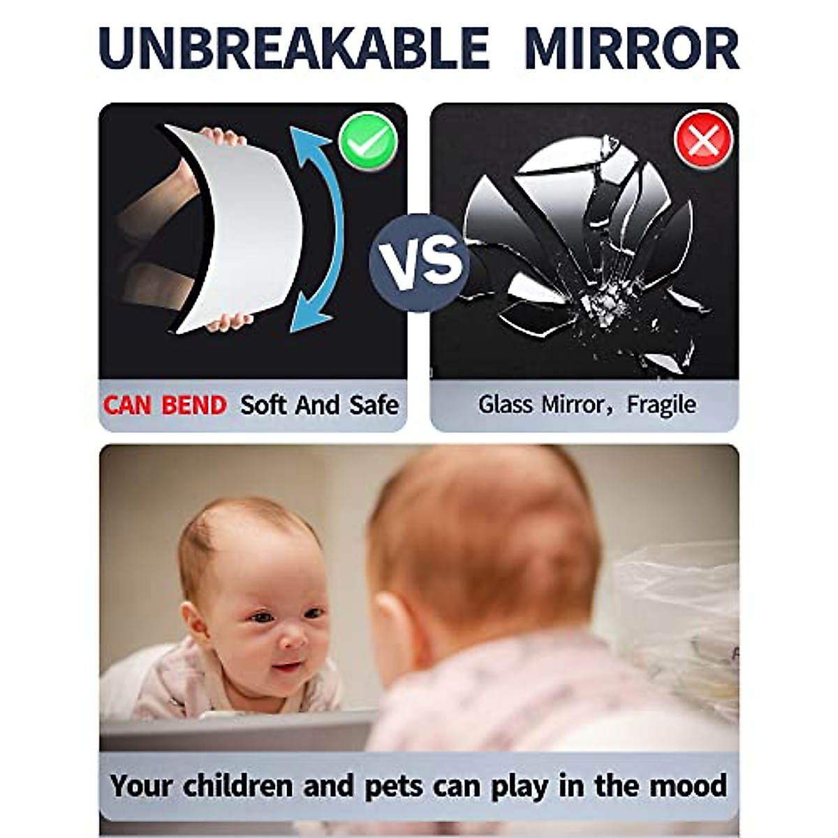 quegau Kids Safety Shatterproof Mirror for Wall,Full Length Mirror Wall Mounted,Made of Unbreakable Acrylic Non-Glass,Extra Thick 1/8",1Pcs 8"x8",Bedroom Door Closet Mirror