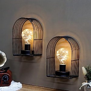 NEWIMAGE Set of 2 Battery Operated Lamp 7''H Unique Cordless Wall Sconce Metal Wall Mount Lamp with 6-Hour Timer and Warm White Fairy Lights Bulb for Home Living Room Bedroom Kitchen Hallway Stairway