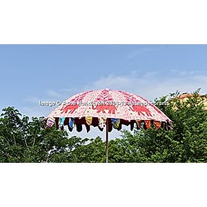 Asha Handicraft 72" Indian Handmade Embroidered Elephant Garden Umbrella, Large Outdoor Patio Parasols, Beach Umbrella Sun Shade Wedding Decorative Umbrellas (Large, White & Pink)