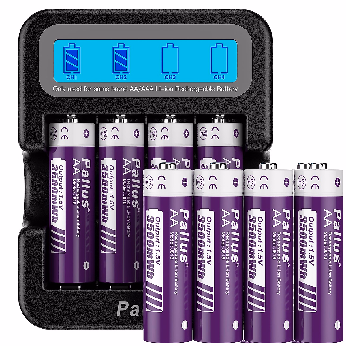 Pallus Rechargeable Lithium AA Batteries - 8 Pack 1.5v 3500mWh AA Rechargeable Batteries with LCD Charger for Outdoor Blink Camera, Fast Charging, Long Lasting, Low Battery Alarmc, Cycles 1600x