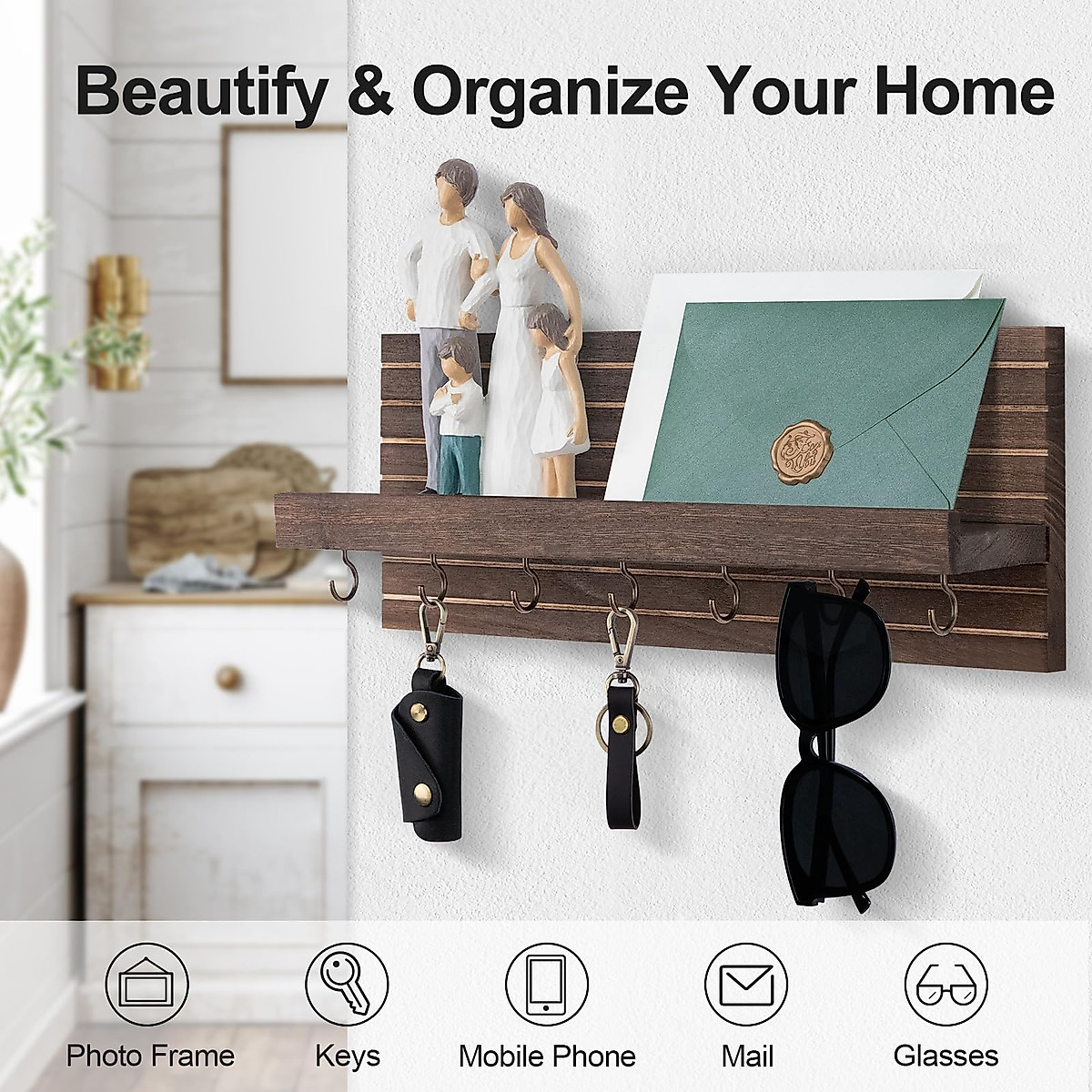 Lwenki Key Holder Wall Mount, Entryway Mail Organizer with Shelf, Decorative Key Hanger with 7 Hooks Holds Leashes and Glasses, Includes Mounting Hardware (13.8” x 5.3” x 3.2”)