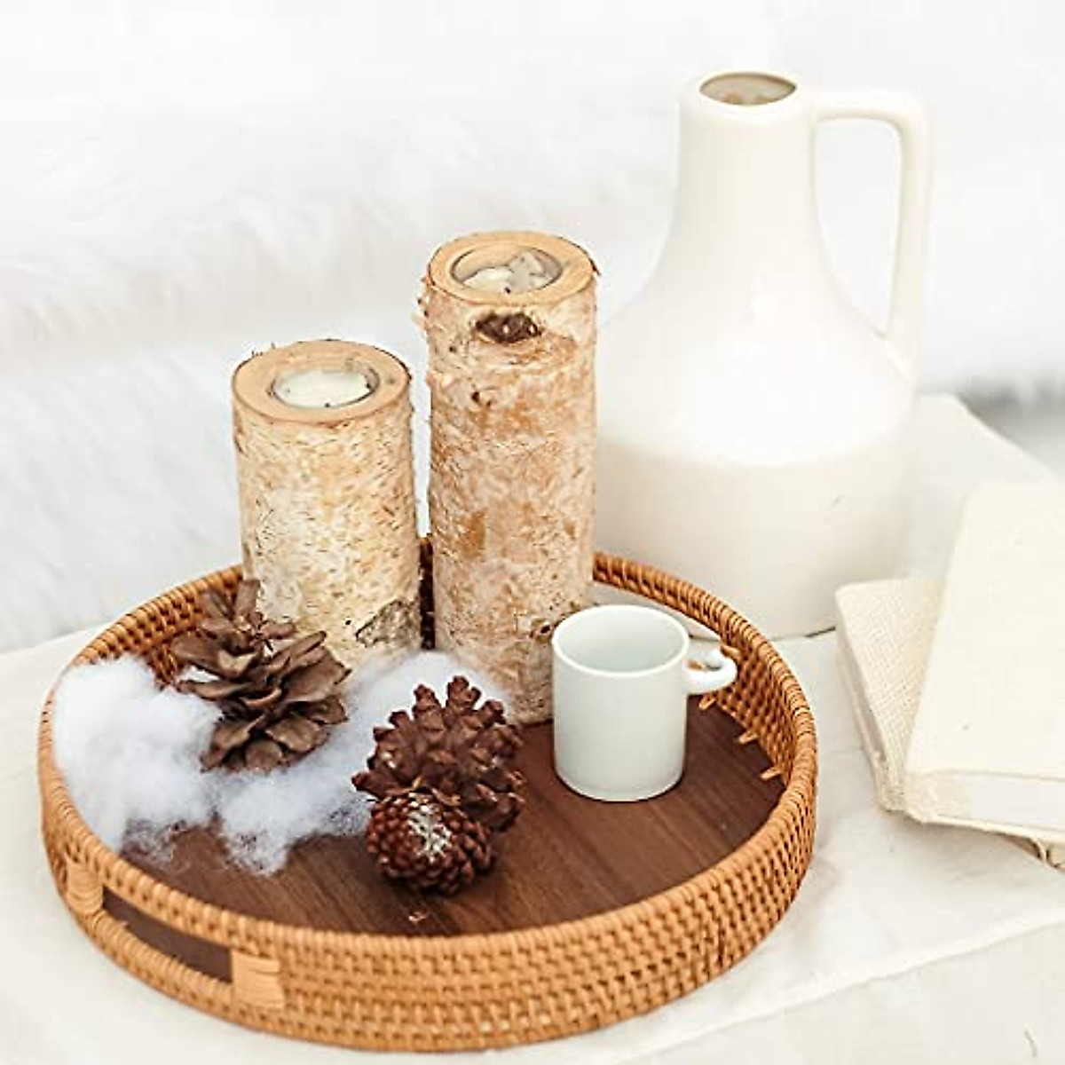 Rattan Decorative Tray with Natural Wood - Coffee Table/ Ottoman Tray - Vanity Tray - Fruit Basket - Serving Tray