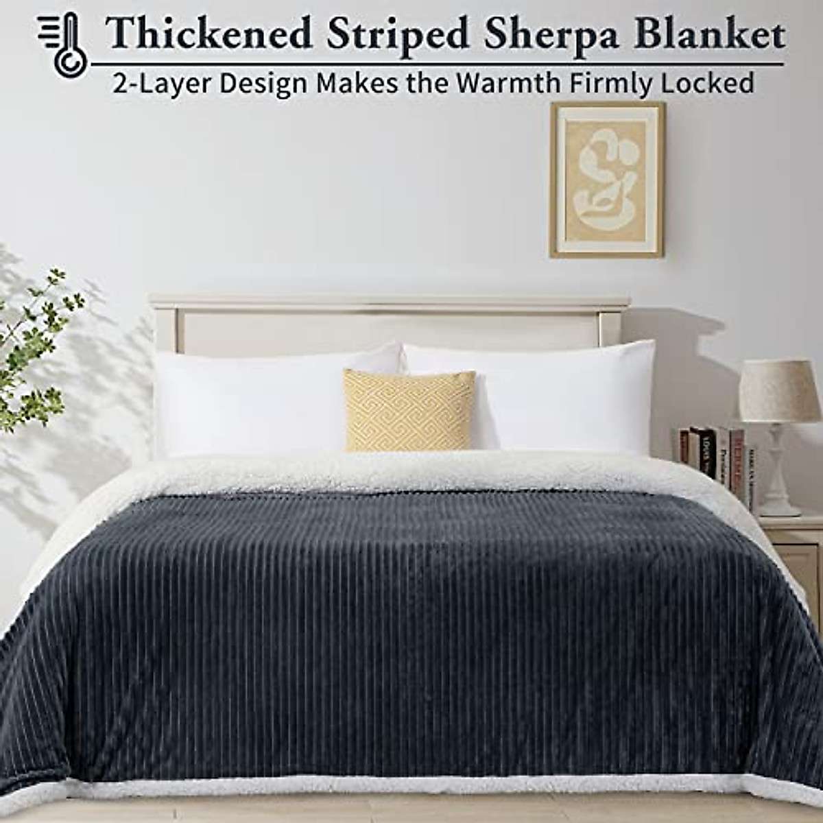 LBRO2M Sherpa Striped Fleece Bed Blanket, King Size Super Soft Fuzzy Plush Warm Cozy Fluffy Flannel Microfiber Couch Throw, Double Reversible Luxurious Blankets