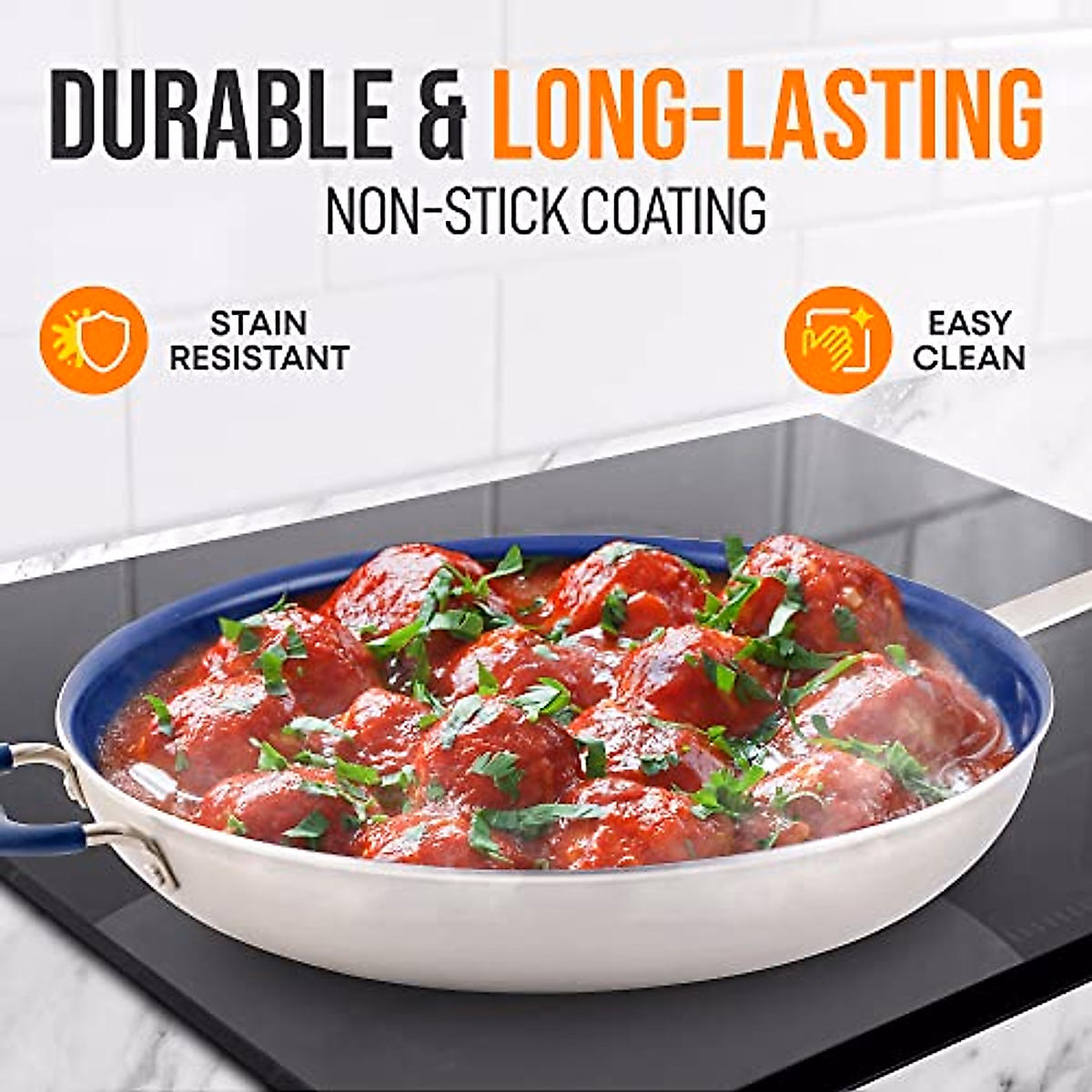NutriChef 14" Extra Large Fry Pan - Skillet Nonstick Frying Pan with Silicone Handle, Ceramic Coating, Blue Silicone Handle, Stain-Resistant And Easy To Clean, Professional Home Cookware