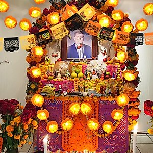 Riceshoot 21 Pcs Day of The Dead Decorations for Dia De Los Muertos Include 3 Pcs 4.9 ft Artificial Marigold Garland with LED, 16 Pcs Monarch Butterfly Decorations, 2 Pcs 16.4 ft Mexican Party Banner