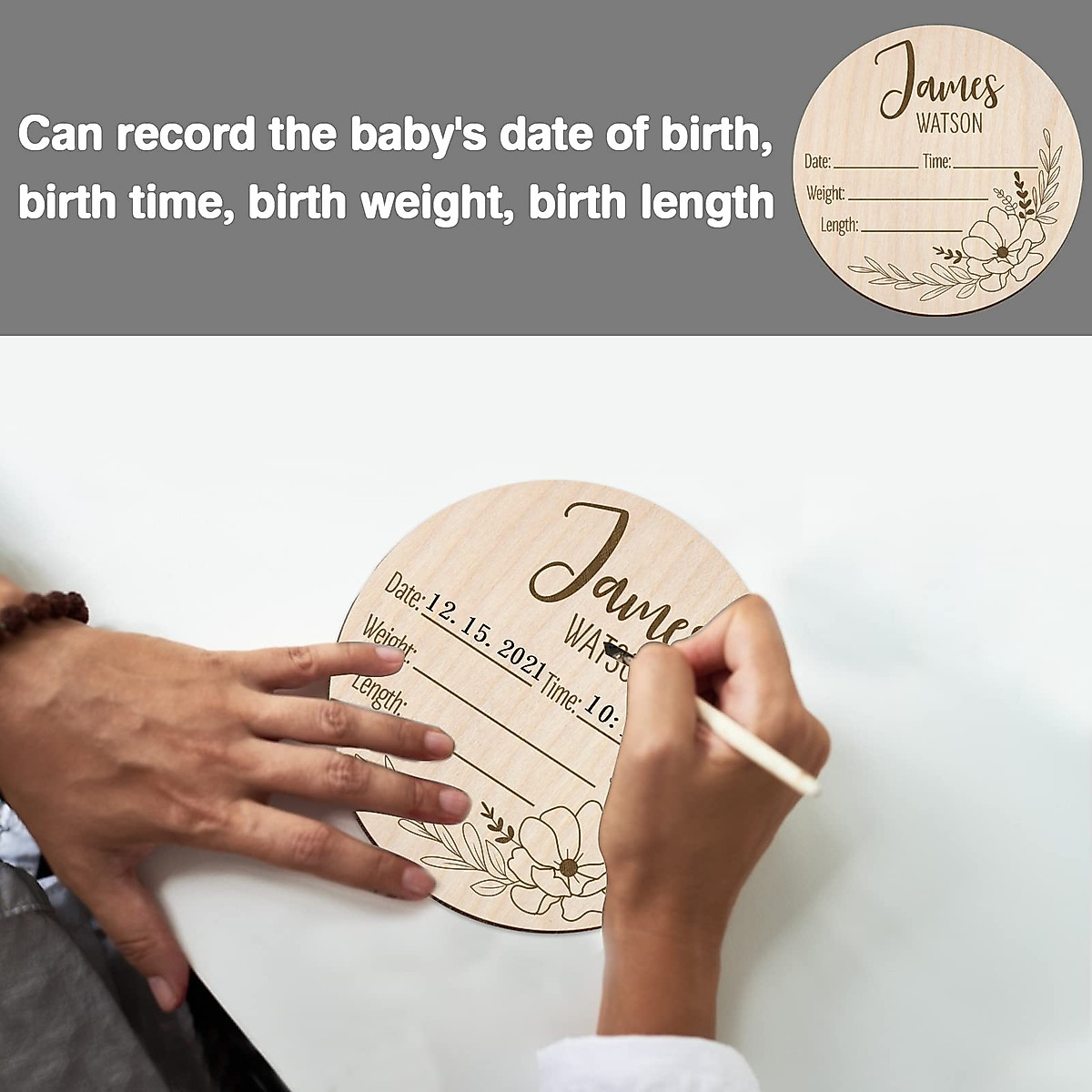 Mayyi Newborn Birth Announcement Sign,Personalized Newborn Handprint and Footprint Sign,Custom Engraved Wooden Baby Name Sign,Newborn Photo Props, Hello World Newborn Announcement for Hospital