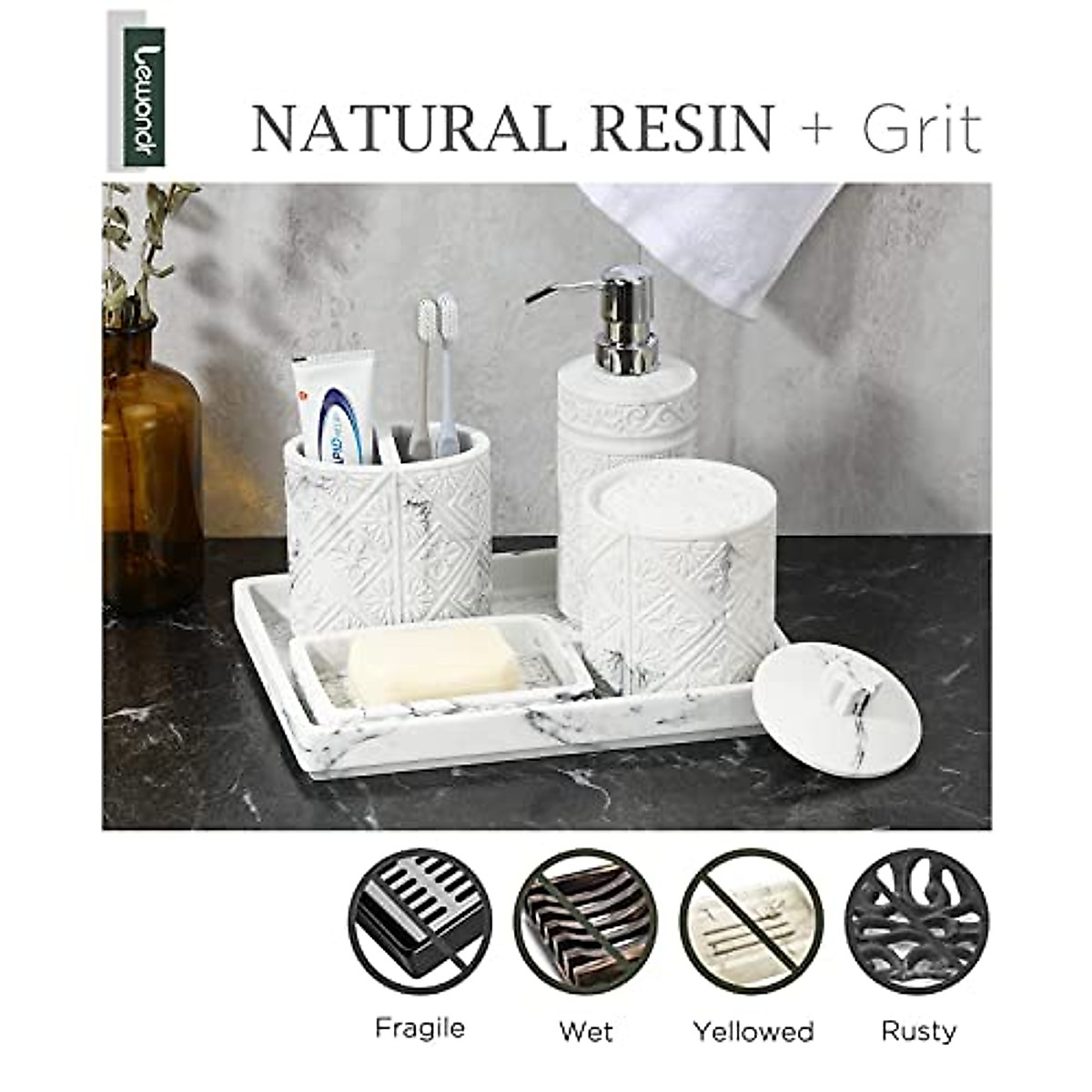 Lewondr Bathroom Accessories Set, 5-Piece Resin+Grit Embossed Bath Countertop Set with Vanity Tray, Soap Dish, Soap & Lotion Dispenser, Cotton Jar, Divided Toothbrush Holder - White