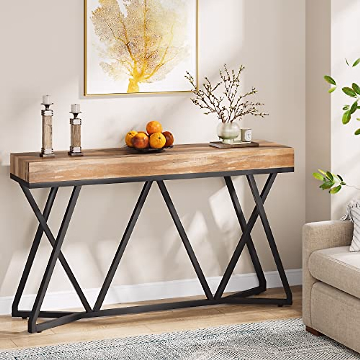 LITTLE TREE Sofa Console Table with Unique Metal Base, Entryway Table Behind Couch Table