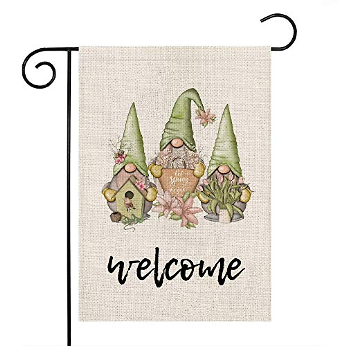 Spring Welcome Gnomes Garden Flag Burlap Summer Outdoor Decorations Double Sided Vertical Farmhouse Flags Yard Decor 12.5 x 18 Inch