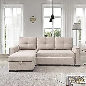 American Furniture Classics Beige Tufted Sectional Chaise Sofa Sleeper with Storage, 92" x 59" x 36"