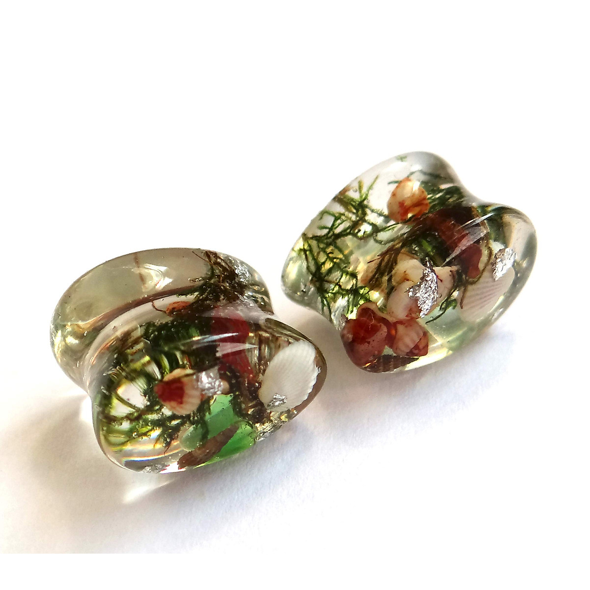 ETERNIADA Teardrop Nautical style plugs Sea Shell plug Tear Drop plugs Dropshaped plugs Egg Drop plugs Ear gauge double flare Mermaid Moss Ocean (25mm / 1" / Pair)