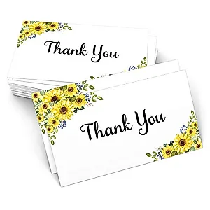 321Done Thank You Notecards Small (Set of 50) Business Card Size 3.5" x 2" - Sunflowers on White - For Gifts, Parties, Weddings, Small Home Business, and Any Occasion- Made in USA - Floral
