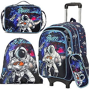 Egchescebo Kids Rolling School Backpack Bags for Boys School With Wheels Trolley Roller Wheeled 5PCS With Lunch Box Cute Astronaut Pattern Blue Backpacks Bags for Boys