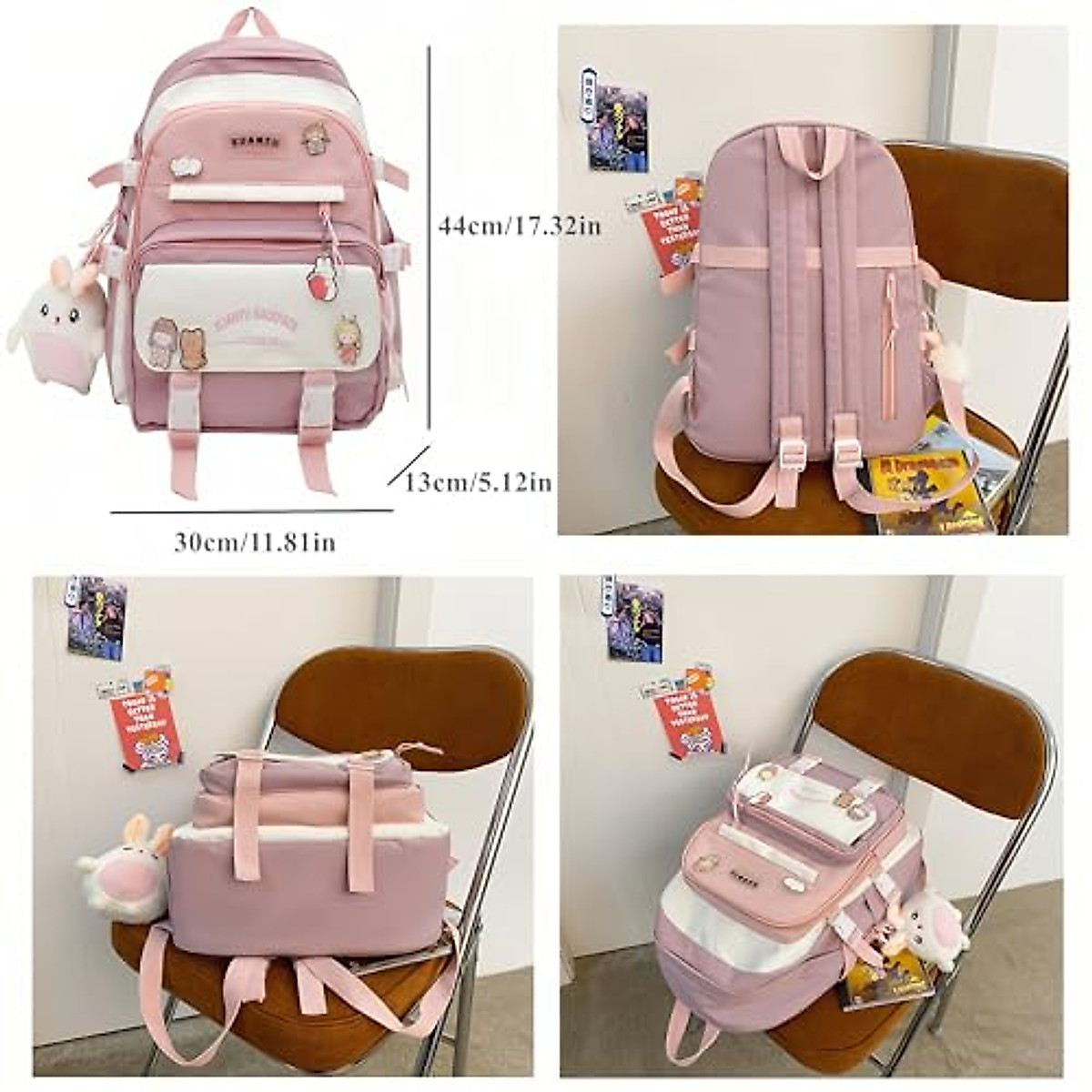 Kawaii Girls Backpack with Pins and Accessories Cute Kids Aesthetic Backpack Teen Bookbags Casual School Bag with Plush Pendant Purple