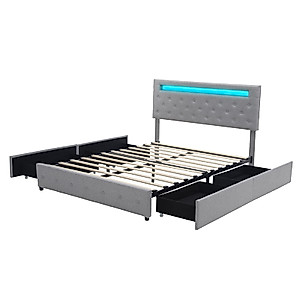 HOMFAMILIA Full Bed Frame with Headboard and Drawers, LED Bed Frame with Adjustable Storage & LED Lights Headboard, Upholstered Platform Bed with 2 USB Ports, No Box Spring Needed, Light Grey