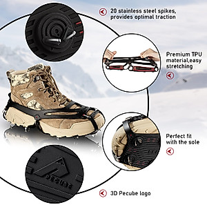 Pecube Ice Cleats for Shoes and Boots Men Women Trail Running 20 Stainless Steel Spikes Anti-Slip Footwear Traction Cleats Snow Grips Crampons for Hiking Ice Fishing Walking on Snow
