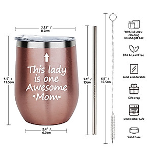 This Lady Is One Awesome Mom Wine Tumbler Awesome Mom Tumbler Birthday Mothers Day Christmas Gifts for Mom from Daughter Son Mom Wine Tumbler Mom Gifts 12 Ounce with Lid Straw and Gift Box Rose Gold
