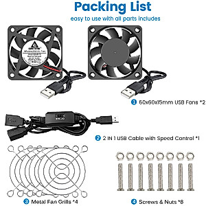 GDSTIME 2-Pack 60mm x 15mm USB Fan with 3 Speed Control, 5V Brushless DC Cooling Fans for PC Computer Case Cooler Raspberry Pi Radiator Ventilation