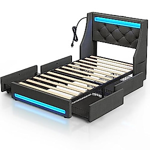 Rolanstar Twin Bed Frame with 4 Storage Drawers, Charging Station and LED Lights, Upholstered Platform Bed with Heavy Duty Wooden Slats, No Box Spring Needed, Noise Free, Easy Assembly, Dark Gray