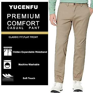 Mens Classic Fit Khaki Casual Chino Pants Whit Hidden Comfort Waistband(WKQ32L42)