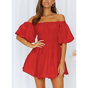 Dokotoo Summer Dresses for Women 2023 Fashion Lantern Sleeve Off Shoulder Dresses for Wedding Guest Ruffle Elastic Waist A-Line Casual Red Mini Dress X-Large