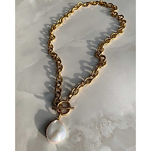 Cult of Sun Baroque Pearl Necklace 18K Gold Plated Tarnish Resistant Freshwater Pearl Necklace Gold Pearl Necklace Toggle Necklace Cultured Pearl Necklace Gold Toggle Necklace Chunky Pearl Necklace