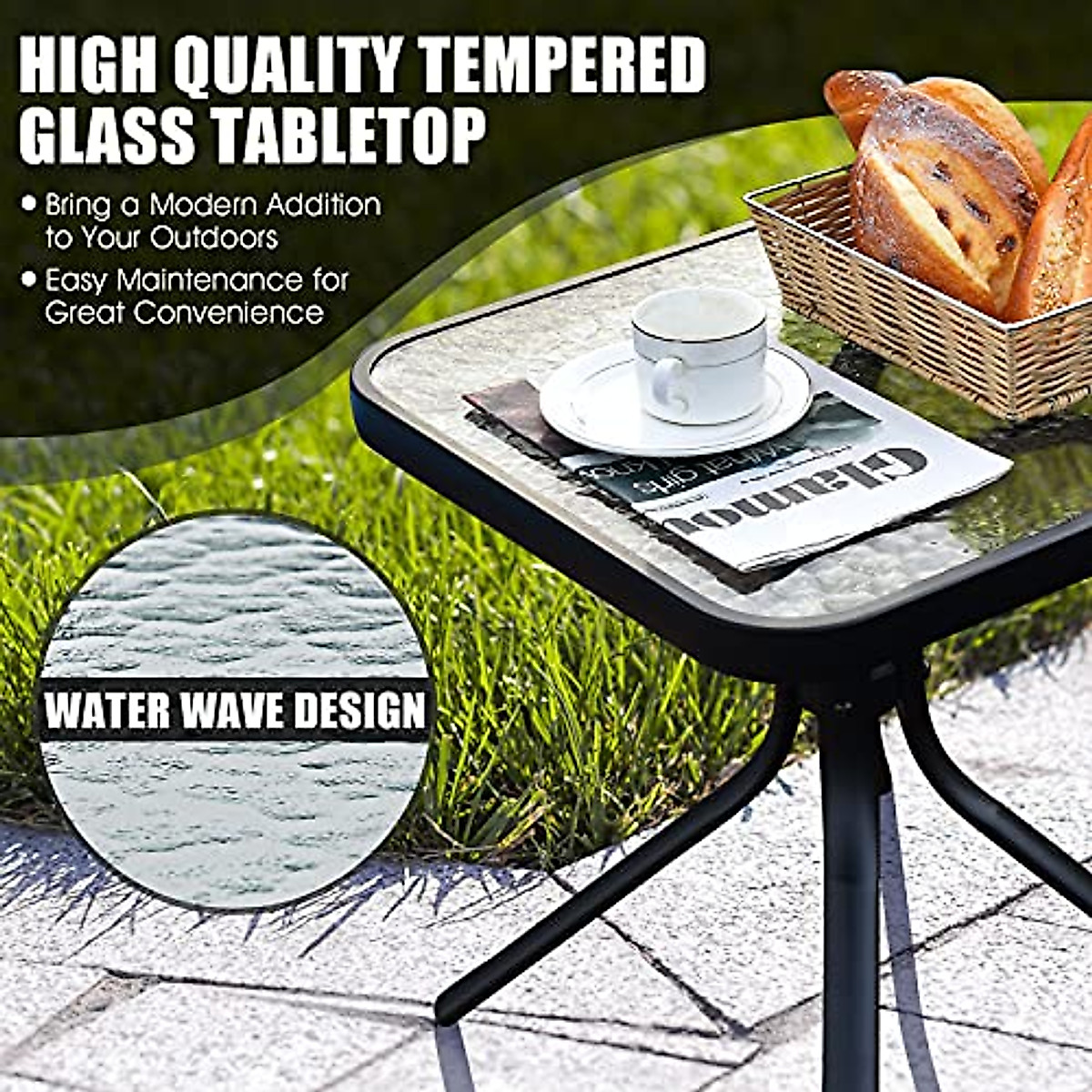 Tangkula Outdoor Bistro Table, Patio Side Table with Tempered Glass Tabletop & Steel Frame, Patio Coffee End Table for Backyard, Lawn, Garden (Black)