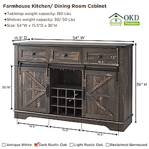 OKD Farmhouse Wine Bar Cabinet w/Sliding Barn Door, 54" Kitchen Coffee Bar Cabinet w/Wine & Glass Rack, Storage Shelves, 3 Drawers, Rustic Large Buffet Sideboard for Dining Room, Dark Rustic Oak