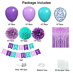 Purple Green Birthday Decorations, Purple Blue Party Balloons with Happy Birthday Banner and Purple Turquoise Fringe Curtain Pompom for Girl Women Birthday Baby Shower Party Decorations