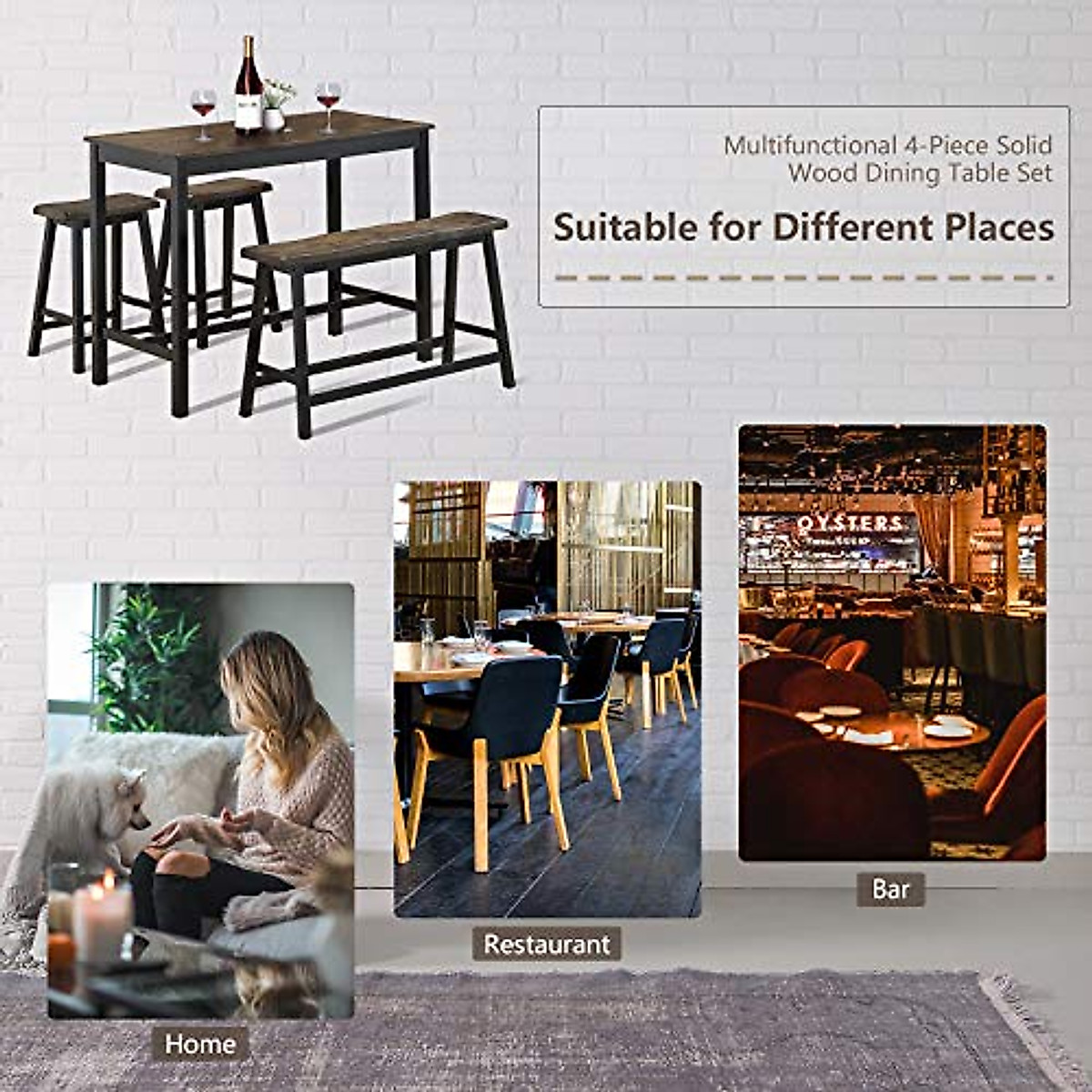 COSTWAY 4-Piece Solid Wood Dining Table Set, Counter Height Dining Furniture with One Bench and Two Saddle Stools, Industrial Style, Ideal for Home, Kitchen, Living Room (Gray & Brown)