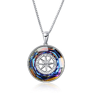AOBOCO Compass Necklace Sterling Silver Circle Pendant Necklace with Color-Changed Crystal, Graduation Jewelry Gift for Women