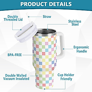 IHCVHQX Tumbler with Handle and Straw 40oz Checkered Rainbow Pattern Insulated Tumbler Cups Stainless Steel Travel Coffee Mug