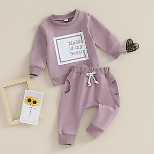 Toddler Baby Girl Clothes Long Sleeve Letter Print Sweatshirt and Stretch Jogger Pants Newborn Fall Winter Outfit (Mama is My Bestie Purple, 18-24 Months)