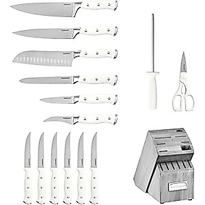 Cuisinart C77WTR-15PG Classic Forged Triple Rivet, 15-Piece Knife Set with Block, Superior High-Carbon Stainless Steel Blades for Precision and Accuracy, White/Grey