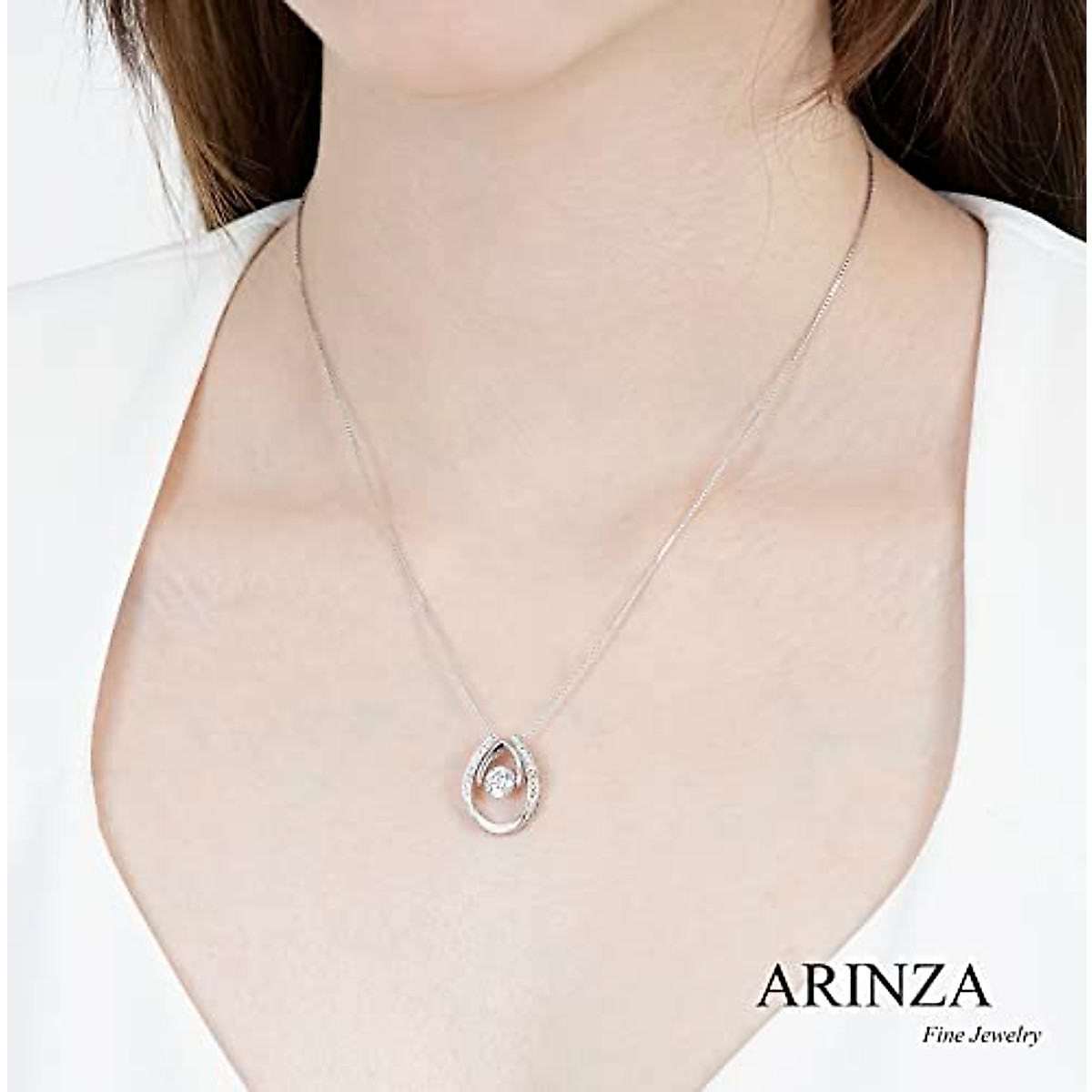 ARINZA Silver Necklace for Women, Dancing Diamond Cubic Zirconia Necklace, 18+2 Inch Chain, Anniversary Birthday Gifts for Women, Wife, Mom, Girlfriend, Lady