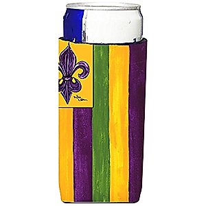 Caroline's Treasures 8137MUK Mardi Gras Fleur de lis Nation Ultra Hugger for Slim cans Can Cooler Sleeve Hugger Machine Washable Drink Sleeve Hugger Collapsible Insulator Beverage Insulated Holder