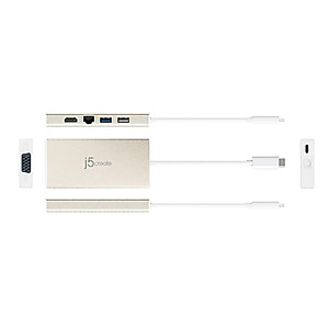 j5create USB-C 3.1 Mini Hub- USB 3.1/3.0/2.0| HDMI 1920 x 1200 @ 60 Hz/VGA 1920 x 1200 @ 60 Hz | Gigabit Ethernet | Compatible with USB C Devices